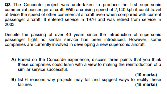 Solved Q3 The Concorde project was undertaken to produce the | Chegg.com
