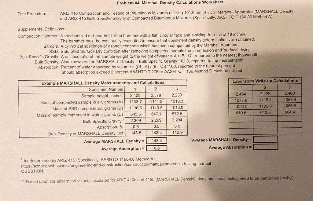 Solved Problem \#4. Marshall Density Calculations Worksheet | Chegg.com