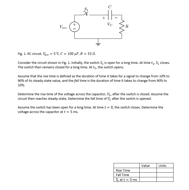 Solved Fig. 1. RC ﻿circuit. Vsrc=5V,C=100μF,R=33Ω.Consider | Chegg.com