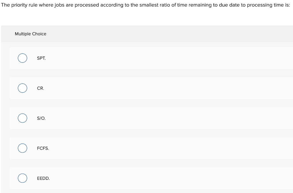 Solved The priority rule where jobs are processed according | Chegg.com