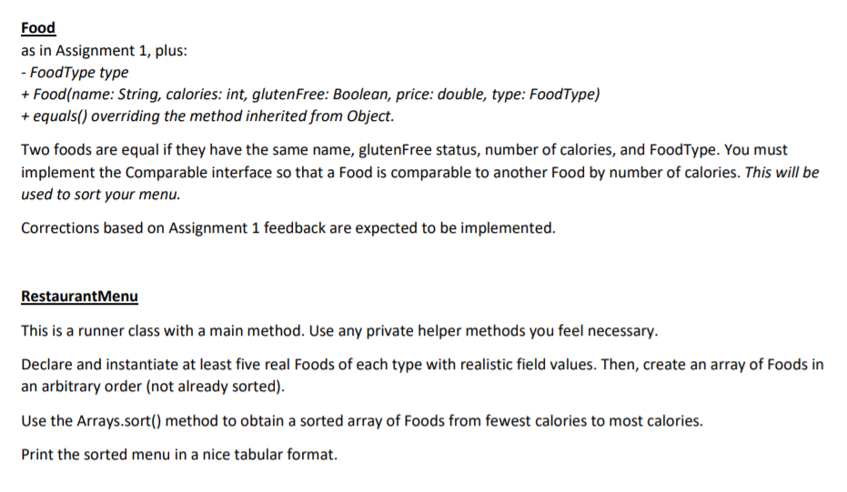 Solved Food - name: String - glutenFree: boolean -price: | Chegg.com