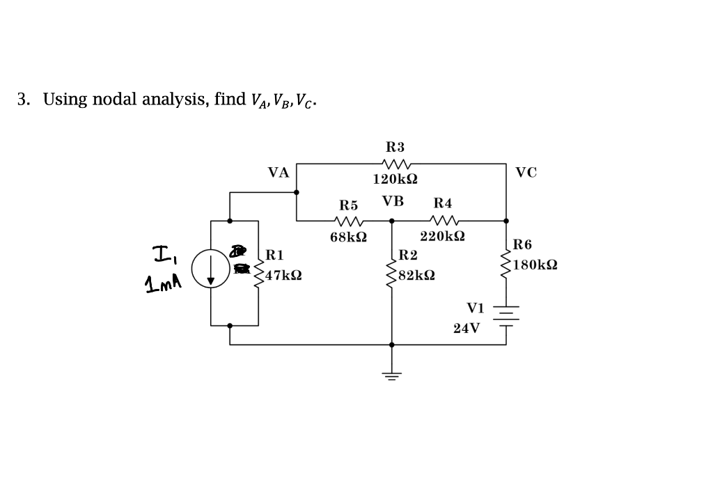 Solved 3. Using nodal analysis, find VA, VB, Vc. R3 VA VC | Chegg.com