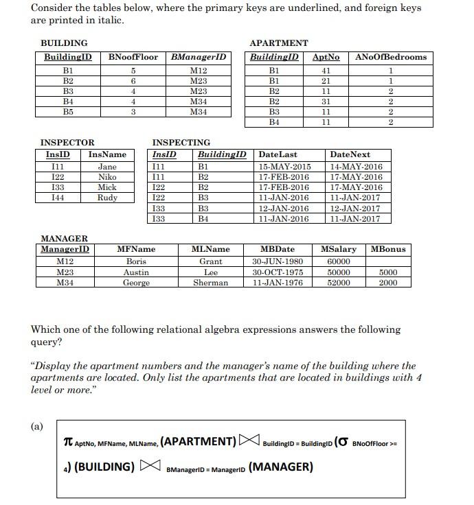 Solved Consider the tables below, where the primary keys are | Chegg.com