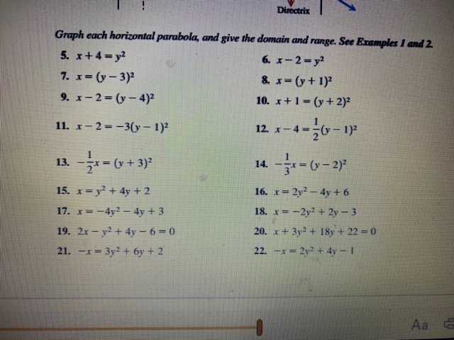 Solved Directrix Graph each horizontal parabola, and give | Chegg.com