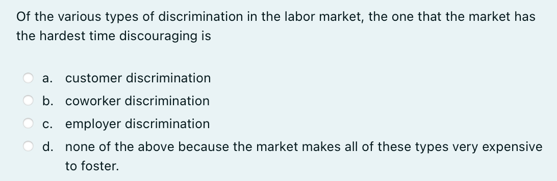 Solved Of the various types of discrimination in the labor | Chegg.com