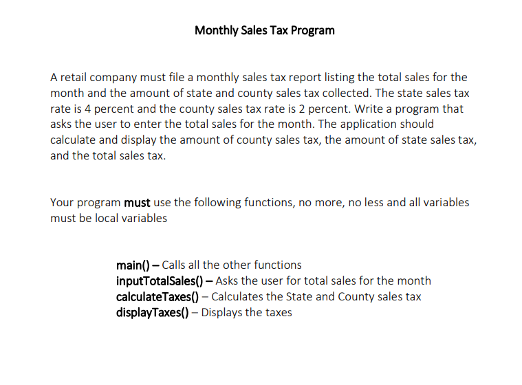 Solved Monthly Sales Tax Program A retail company must file | Chegg.com