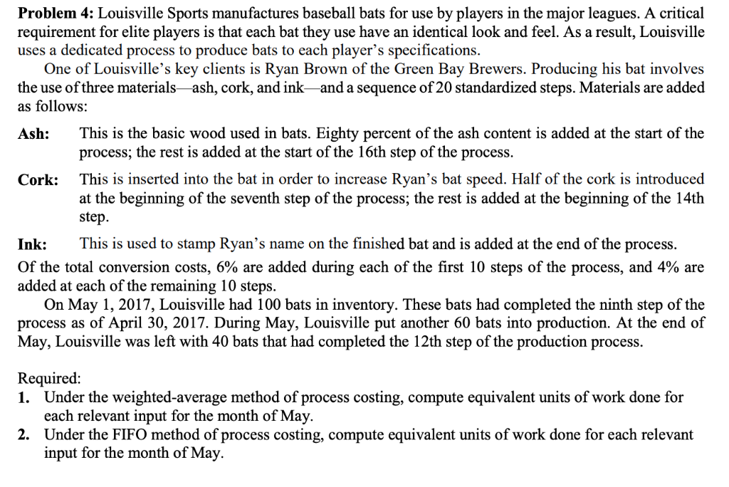 Solved Problem 4: Louisville Sports manufactures baseball | Chegg.com