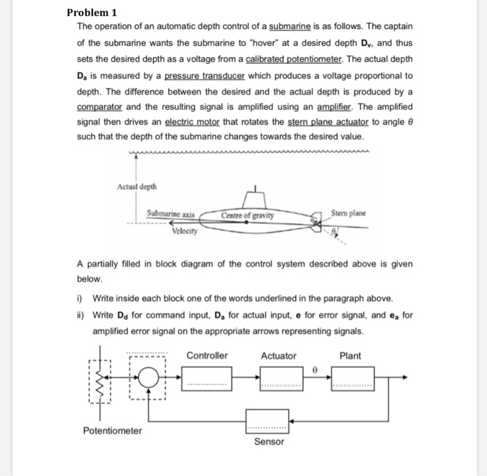 Solved Problem 1 The operation of an automatic depth control | Chegg.com