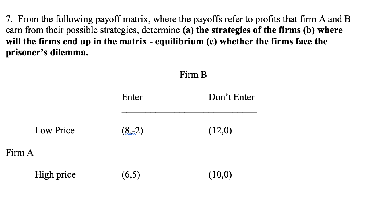 Solved 7. From the following payoff matrix, where the | Chegg.com