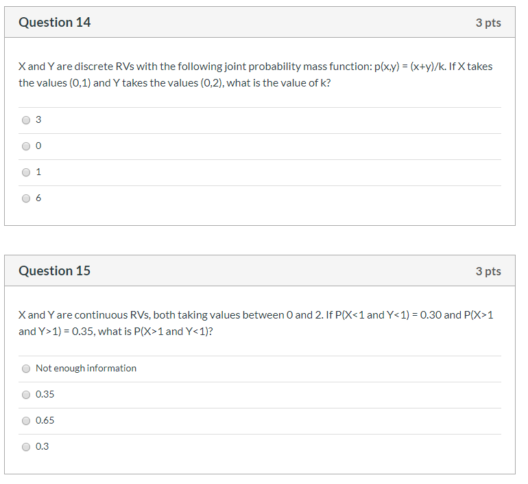 Solved Question 14 3 pts X and Y are discrete RVs with the | Chegg.com