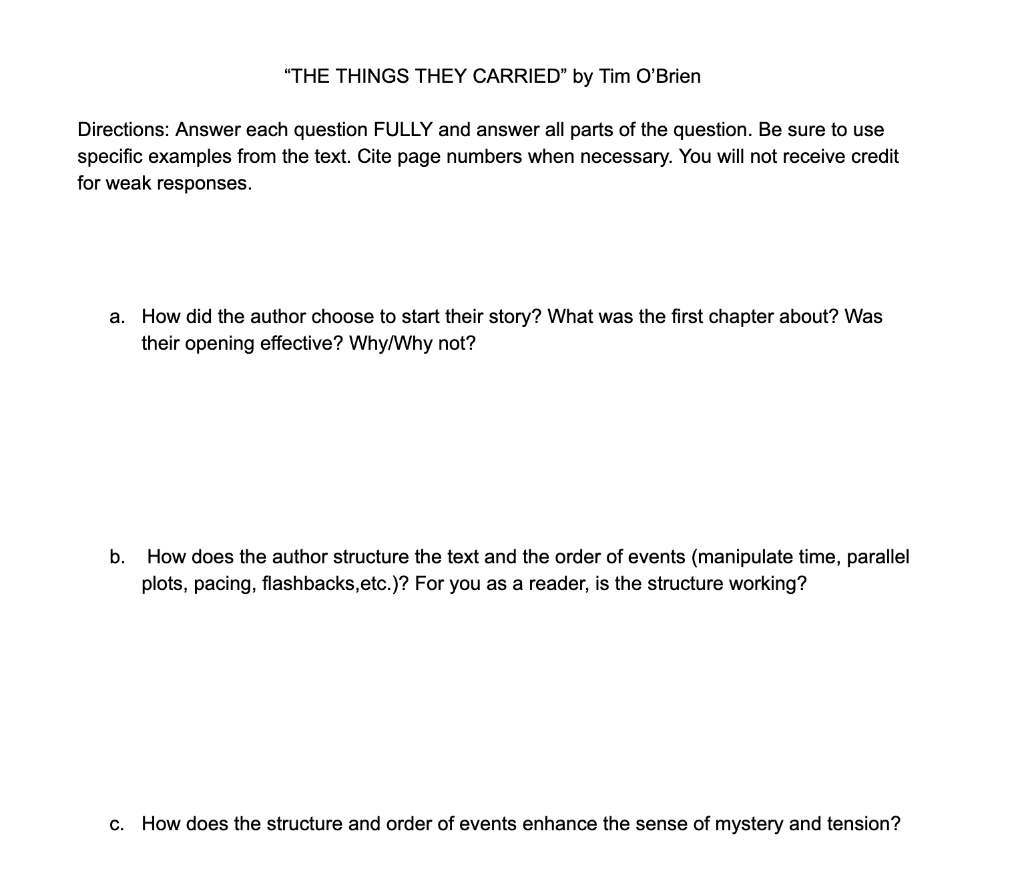 "THE THINGS THEY CARRIED" by Tim O'Brien Directions: | Chegg.com
