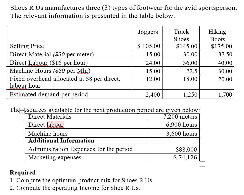 Solved Shoes R Us manufactures three (3) types of footwear | Chegg.com