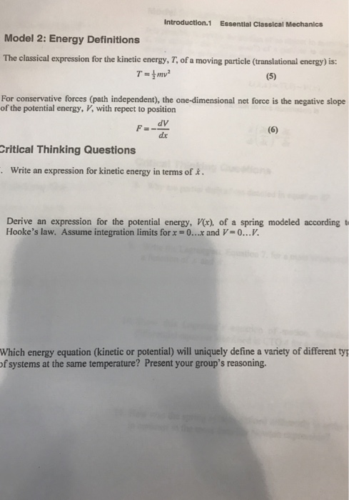 Solved Introduction.1 Essential Classical Mechanics Model 2: | Chegg.com