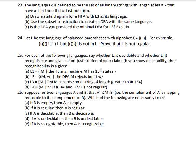 Solved 23. The language Lk is defined to be the set of all | Chegg.com