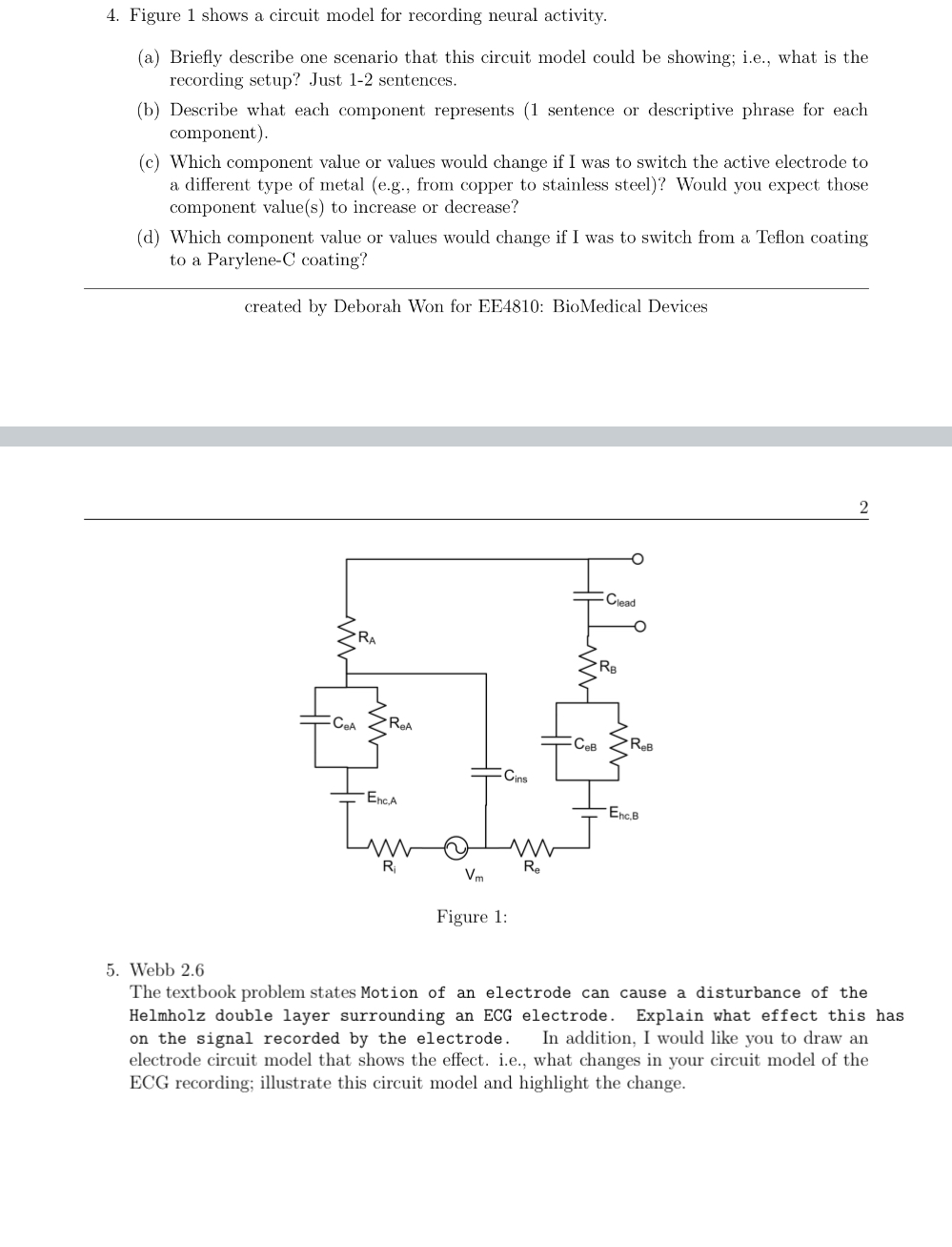 Solved Figure 1 ﻿shows a circuit model for recording neural | Chegg.com