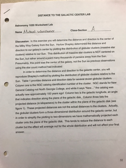 DISTANCE TO THEGALACTIC CENTER LAB Astronomy 1020 | Chegg.com
