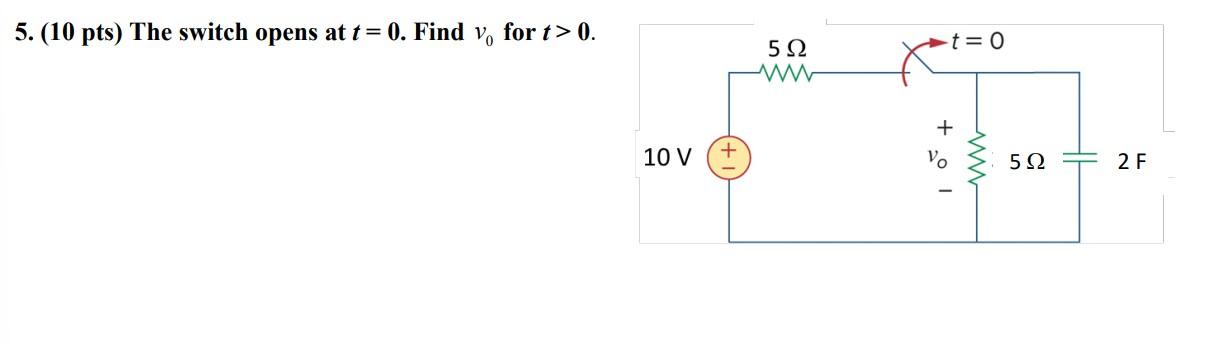 Solved 5. (10 pts) The switch opens at t= 0. Find v, for t> | Chegg.com