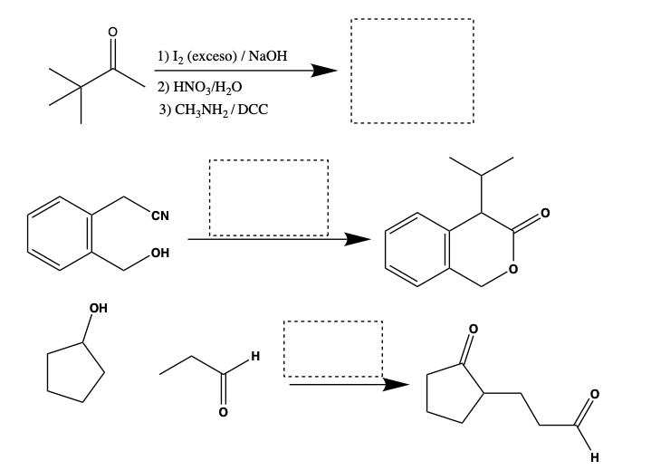 Solved 1) 12 (exceso) /NaOH 2) HNO3/H20 3) CHjNHz / DCC CN | Chegg.com
