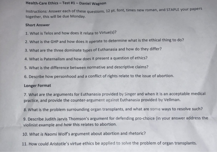 Health-care Ethics-Test #1-Daniel Wagnon | Chegg.com