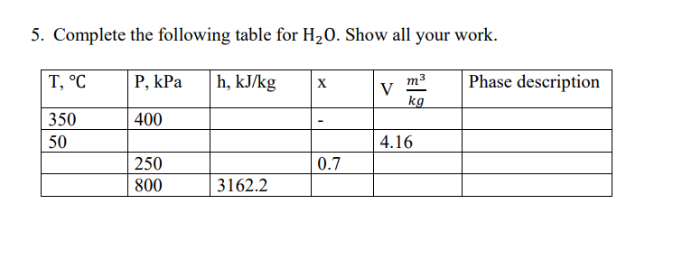 Solved 5. Complete the following table for H2O. Show all | Chegg.com