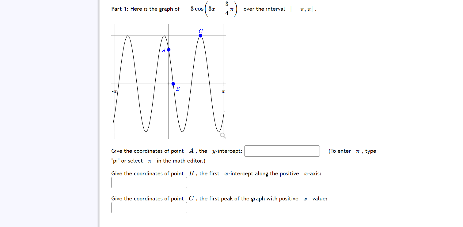 Solved Part 1: Here is the graph of - 3 cos ( 3• - ** over | Chegg.com