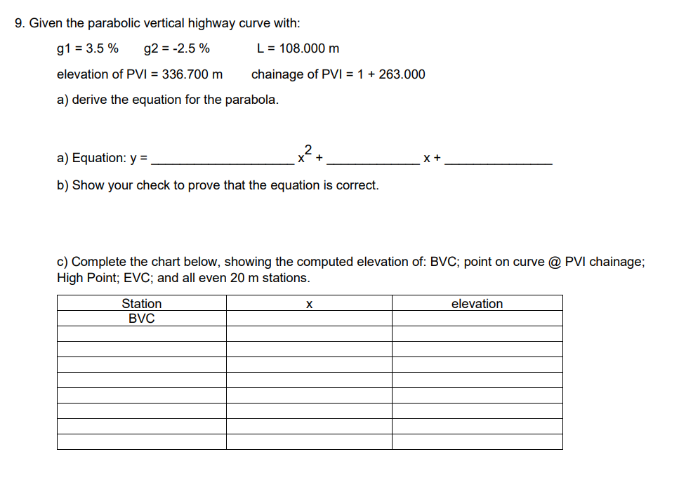 Solved Given the parabolic vertical highway curve | Chegg.com