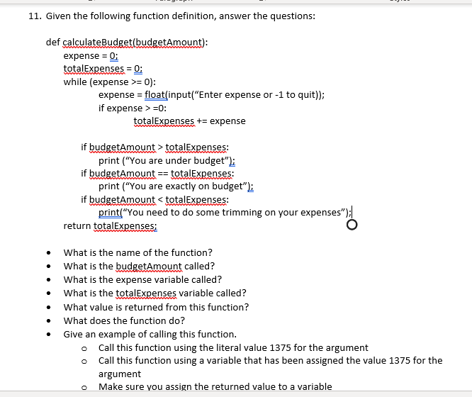 Solved 11. Given the following function definition, answer | Chegg.com