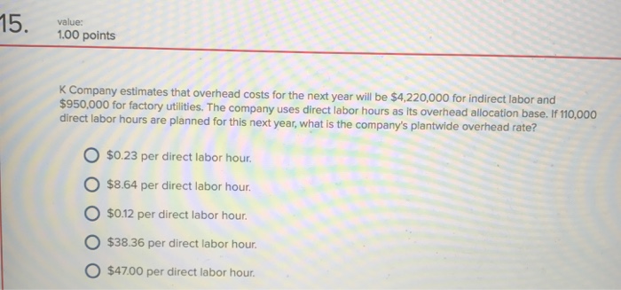 Solved 15 value: 1.00 points K mpany estimates that overhead | Chegg.com Solved 15 value: 1.00 points K mpany estimates that overhead | Chegg.com