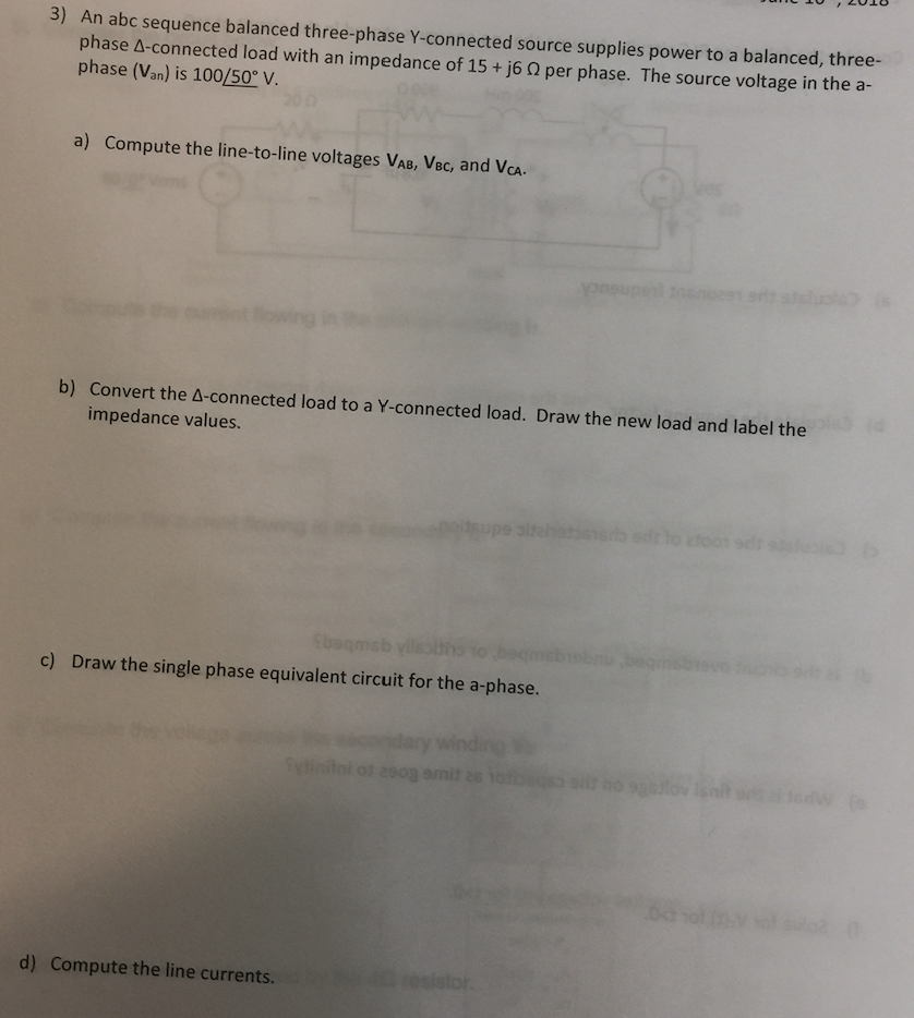 Solved 3) An abc sequence balanced three-phase Y-connected | Chegg.com