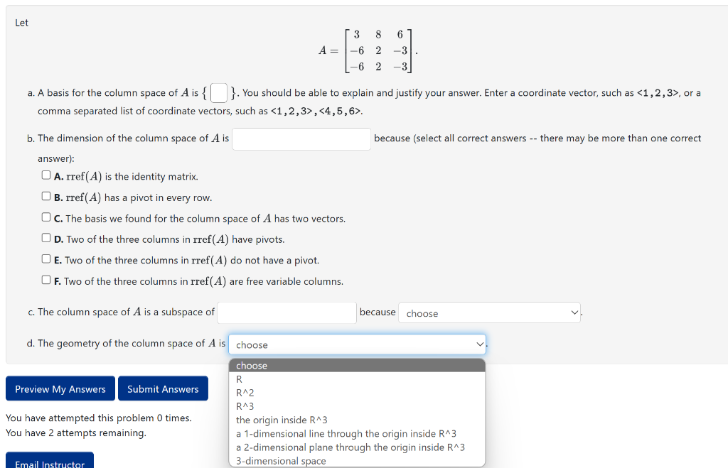 Solved Options for C because section are: Each column of A | Chegg.com