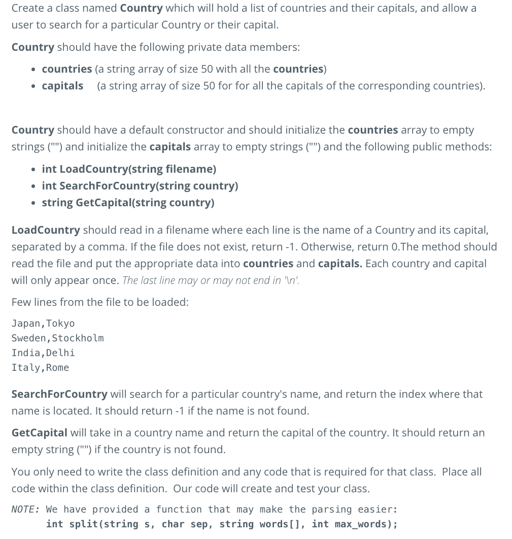 Solved Create a class named Country which will hold a list | Chegg.com