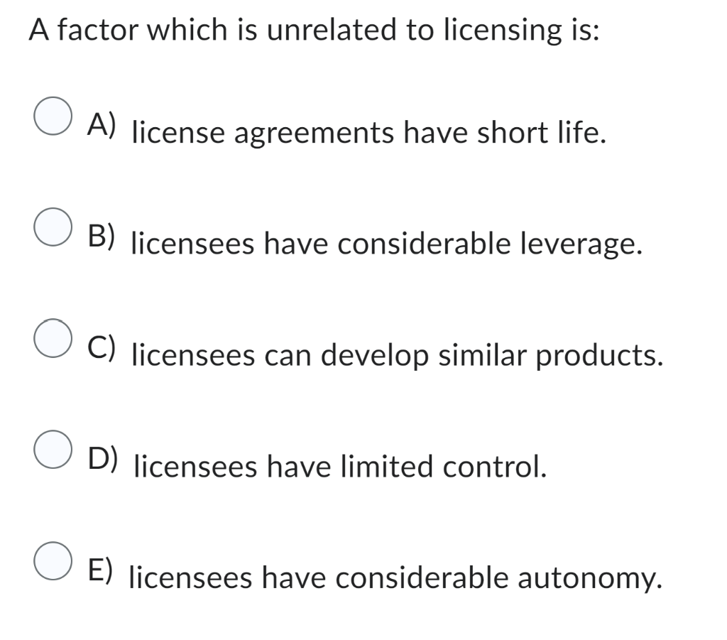 Solved A factor which is unrelated to licensing is: A) | Chegg.com