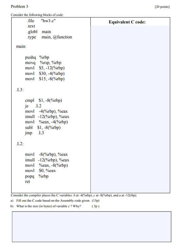 20 Points Equivalent C Code Problem 3 Consider The 