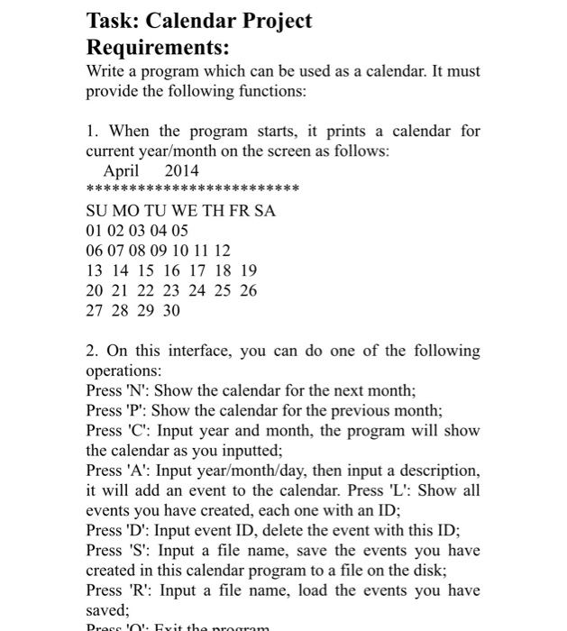 Solved Task: Calendar Project Requirements: Write a program | Chegg.com