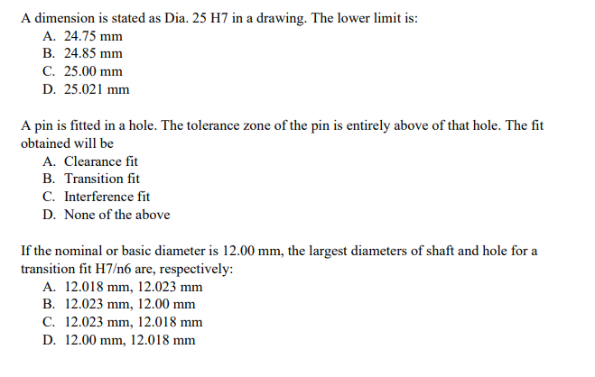 Solved A dimension is stated as Dia. 25H7 in a drawing. The | Chegg.com