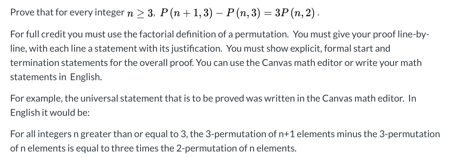 Solved Prove that for every integer n > 3, P(n+1, 3) – P(n, | Chegg.com