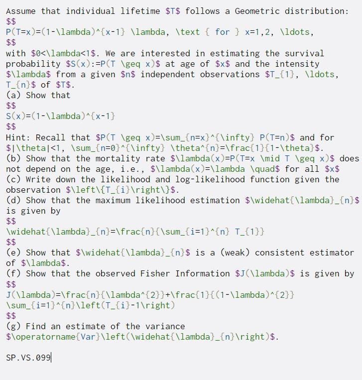 Solved Assume that individual lifetime $T$ follows a | Chegg.com