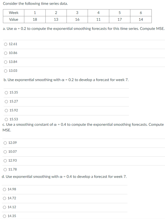 Solved Consider the following time series data. [. a. Use | Chegg.com