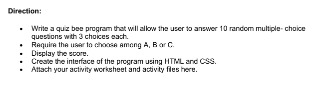 Solved Direction: • Write a quiz bee program that will allow | Chegg.com