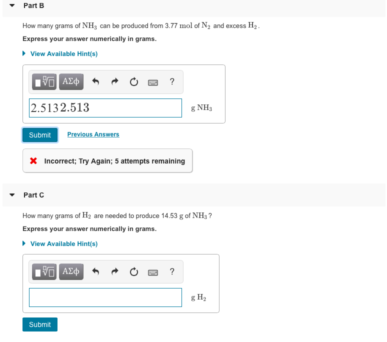 Solved Part B How many grams of NH3 can be produced from | Chegg.com Solved Part B How many grams of NH3 can be produced from | Chegg.com