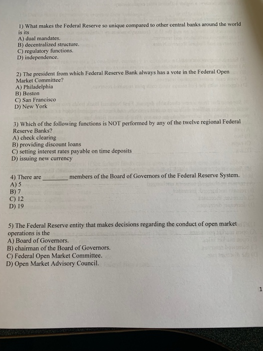 Solved 1) What makes the Federal Reserve so unique compared | Chegg.com