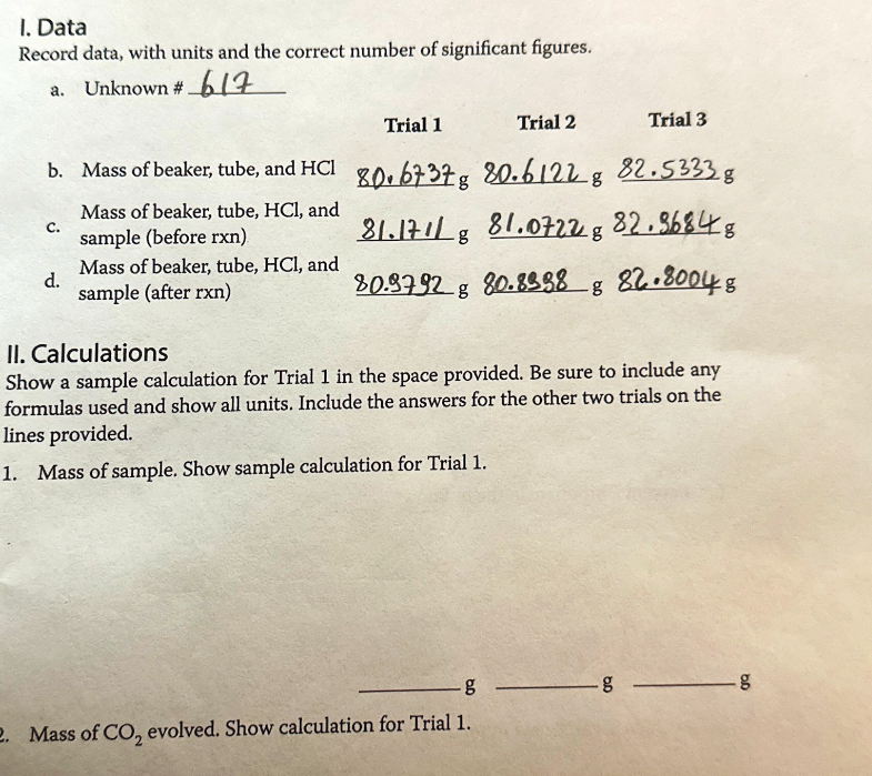 Solved II. Calculations Show a sample calculation for Trial | Chegg.com