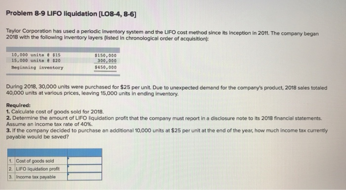 Solved Problem 8-9 LIFO liquidation [LO8-4,8-6 Taylor | Chegg.com