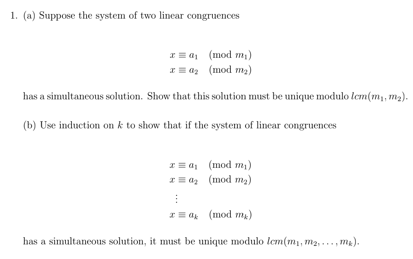 Solved 1. (a) Suppose the system of two linear congruences x | Chegg.com