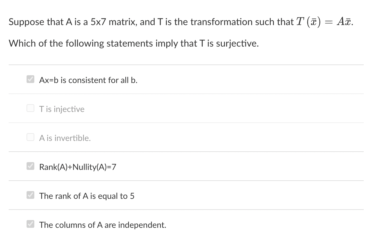 Solved Suppose that A is a 5x7 matrix, and T is the | Chegg.com