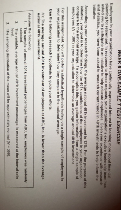 Solved WEEK 6 ONE-SAMPLE T TEST EXERCISE Employees in your | Chegg.com