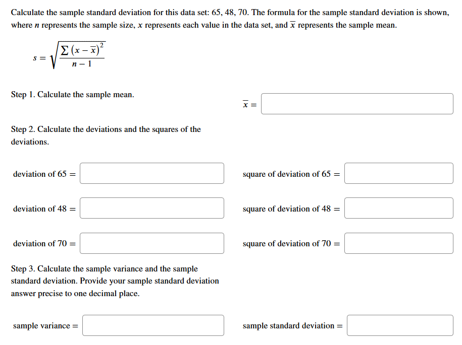 Solved Calculate the sample standard deviation for this data | Chegg.com