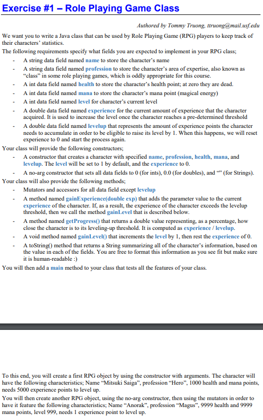 Exercise #1 - Role Playing Game Class Authored by | Chegg.com