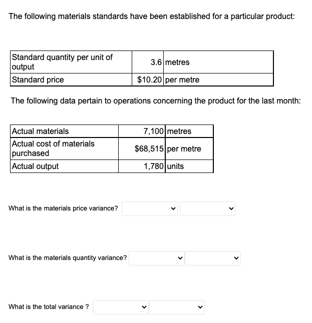 Solved The following materials standards have been | Chegg.com