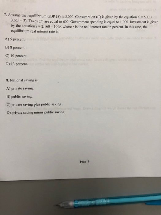 Solved 7. Assume that equilibrium GDP () is 5,000. | Chegg.com